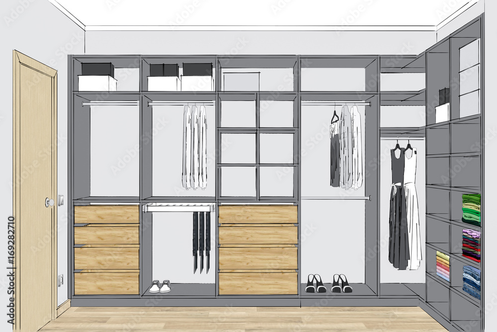 3D rendering. Modern large, comfortable wardrobe with folded and ...