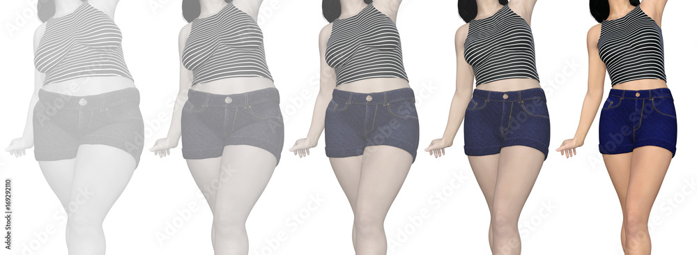 Conceptual fat overweight obese female vs slim fit healthy body after ...