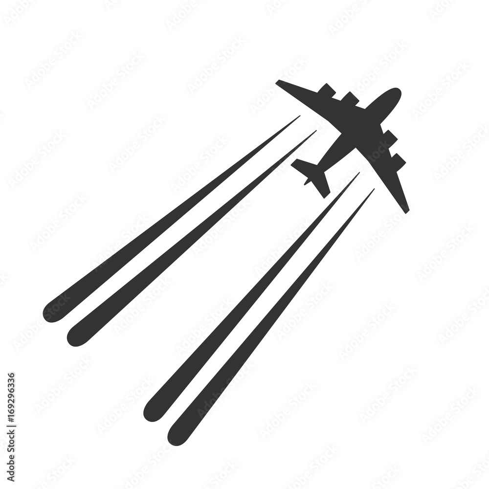 Black isolated silhouette of airplane with jet contrail on white ...