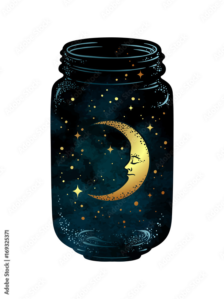 Hand drawn wish jar. Crescent moon and stars in glass jar isolated ...