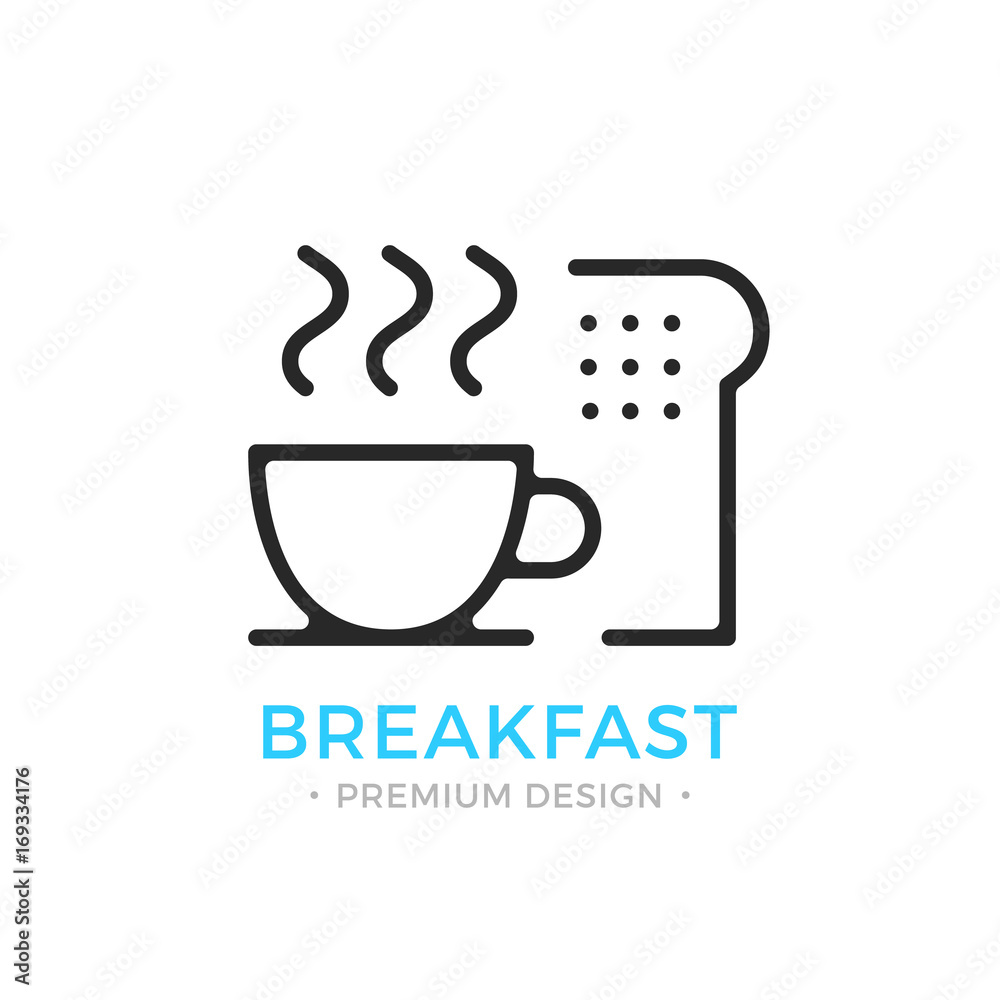 Breakfast icon. Coffee cup and toast. Outline breakfast logo. Sliced ...