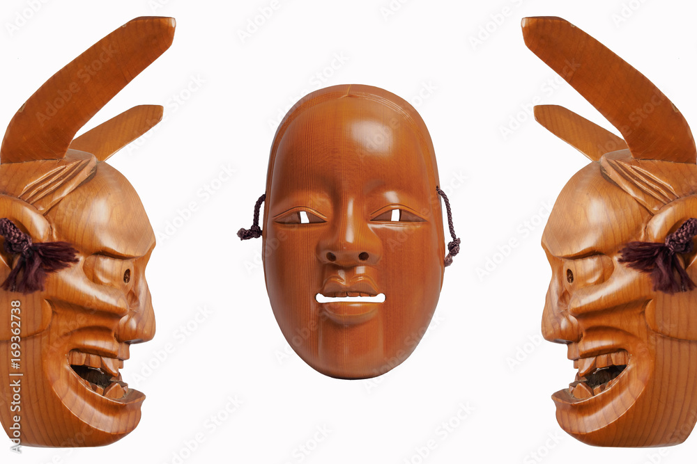 Front and twin side face of Traditional japanese theater masks made of ...