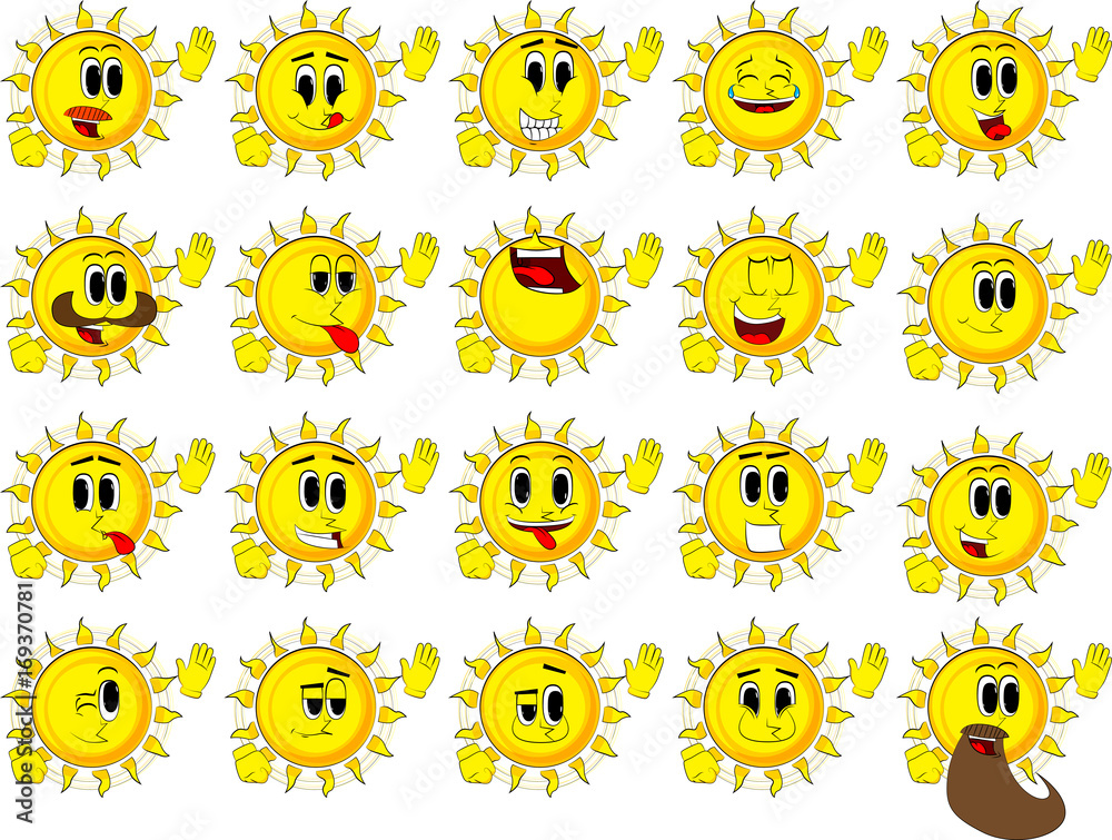 Cartoon sun with waving hands. Collection with happy faces. Expressions ...