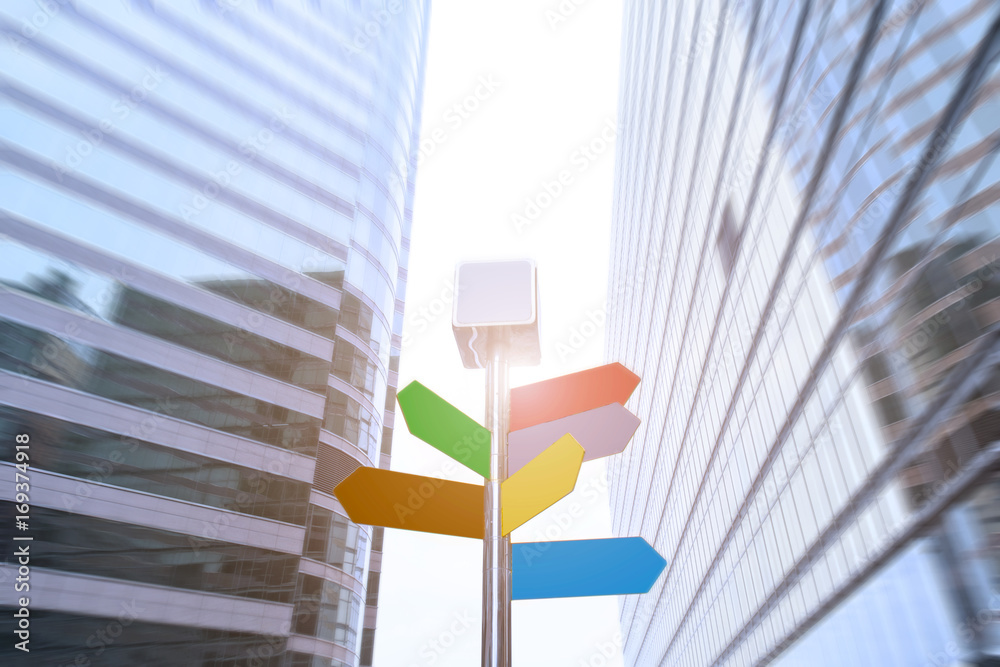 road sign among the modern office buildings in downtown Stock Photo ...