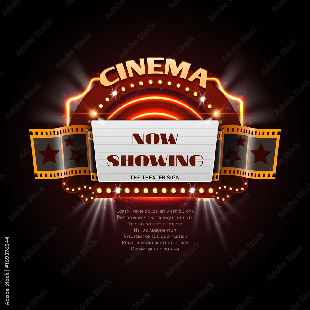 Vintage cinema sign. Glowing movie signboard with lightbulb frame ...
