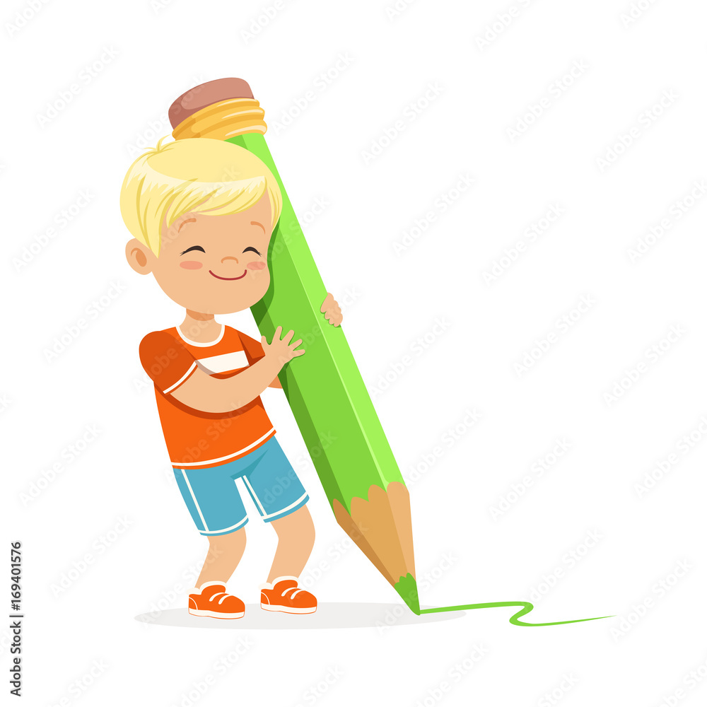 Cute little boy writing with a giant green pencil cartoon vector ...