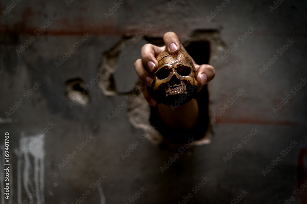 hand death the ghost holding skull with blood skin is screaming ...