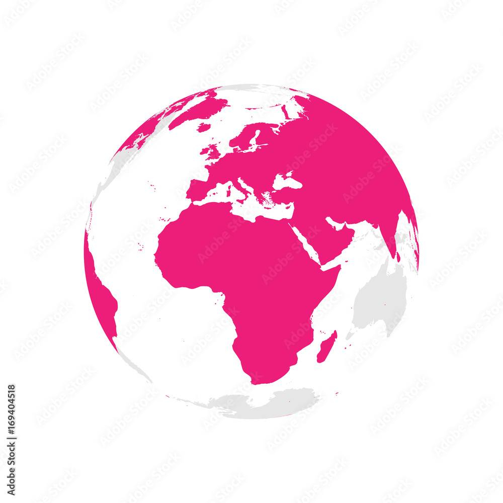 Earth globe with pink world map. Focused on Africa and Europe. Flat ...