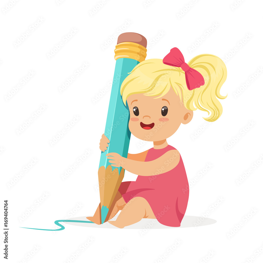 Cute blonde little girl sitting on the floor and writing with a giant ...