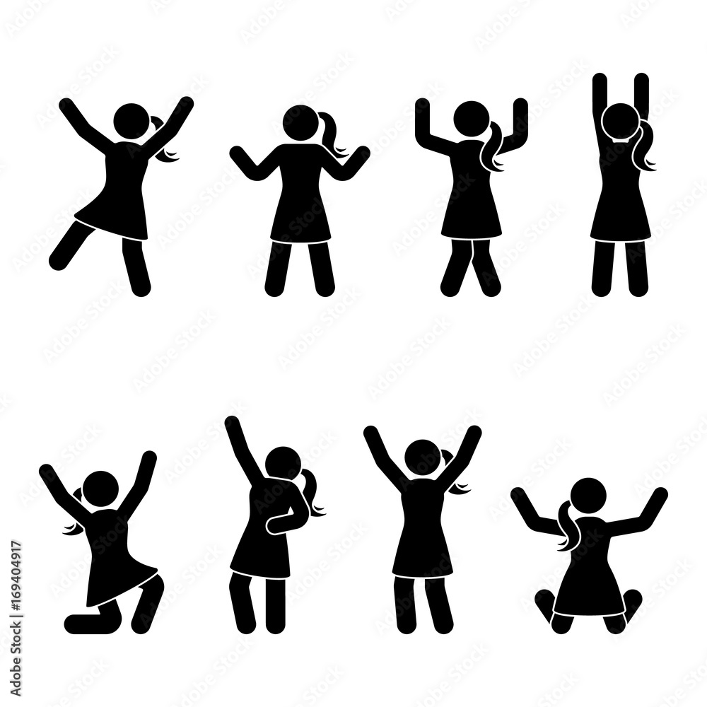 Stick figure happiness, freedom, jumping, motion set. Vector ...