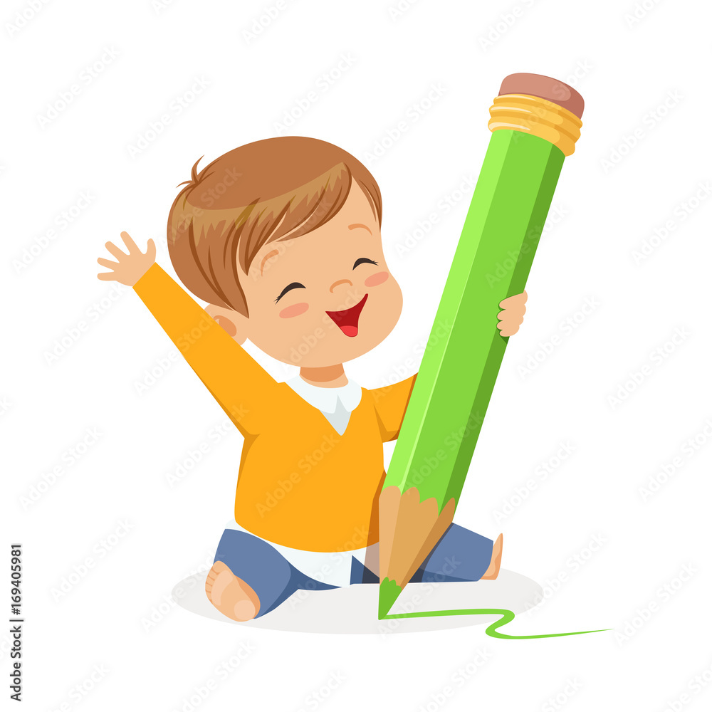 Cute little boy sitting on the floor and writing with a giant green ...