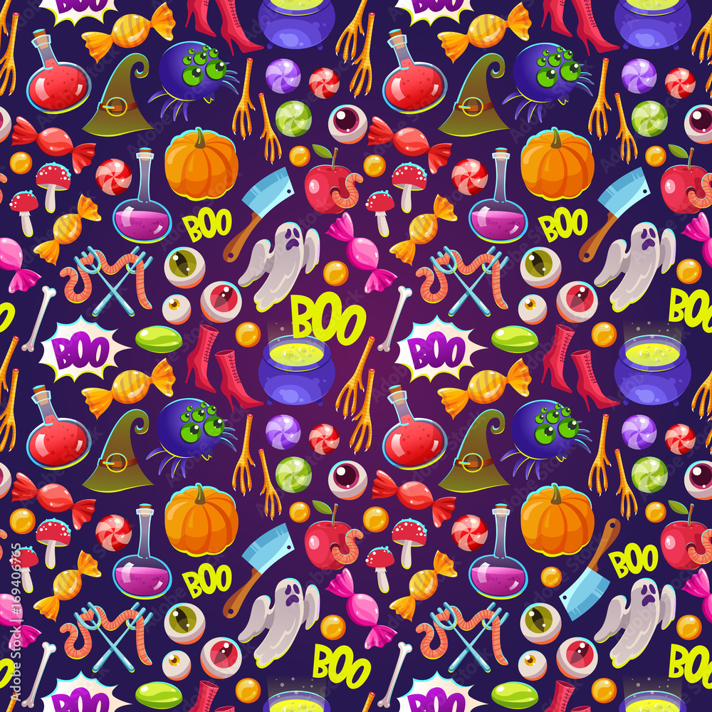 Seamless halloween pattern. Funny background with scary objects. Vector ...