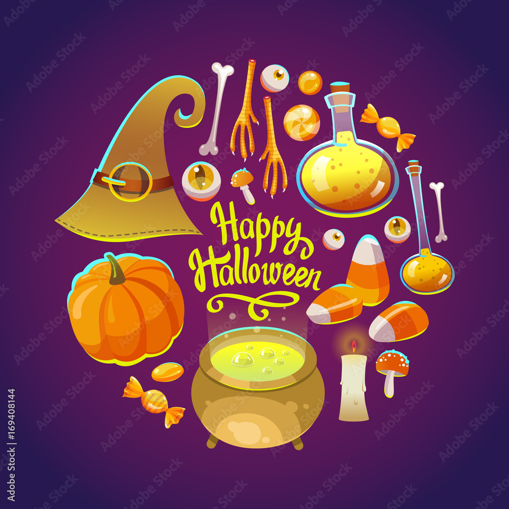 Halloween round composition. Funny background with scary objects ...