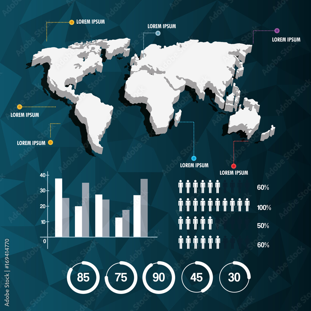world map infographic demographic report data with abstract background ...