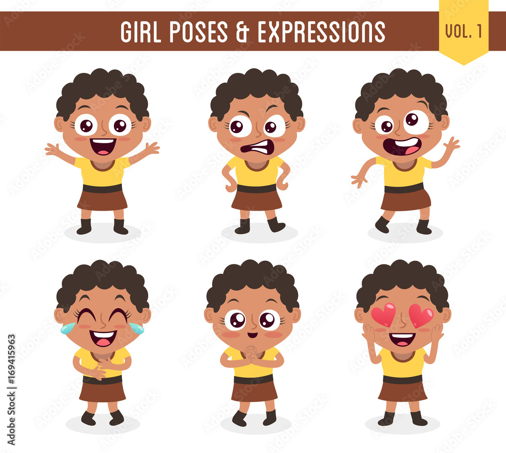 Character design set of a cute black girl in different poses. Cartoon ...