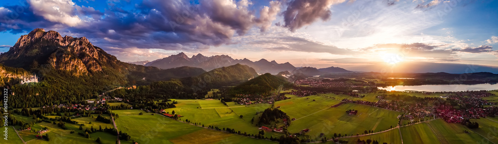 Panorama from the air sunset Forggensee and Schwangau, Germany, Bavaria ...