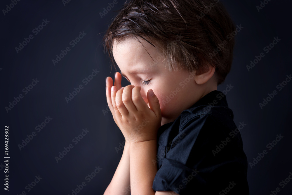 Little boy praying, child praying, isolated background Stock Photo ...