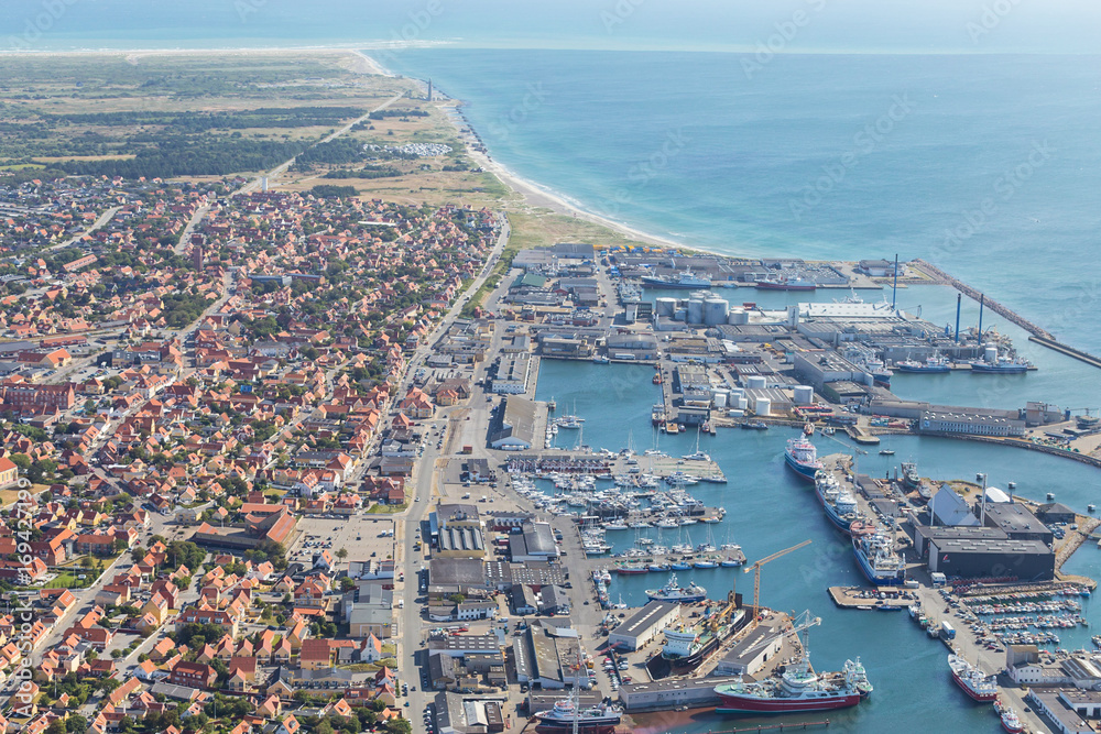 Aerial view of harbour in city of Skagen(Denmark).Aerial view of ...