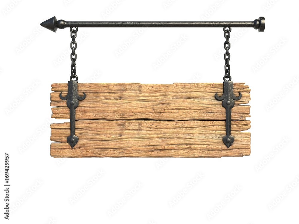Wooden medieval sign board hanging on chain isolated on white 3d ...