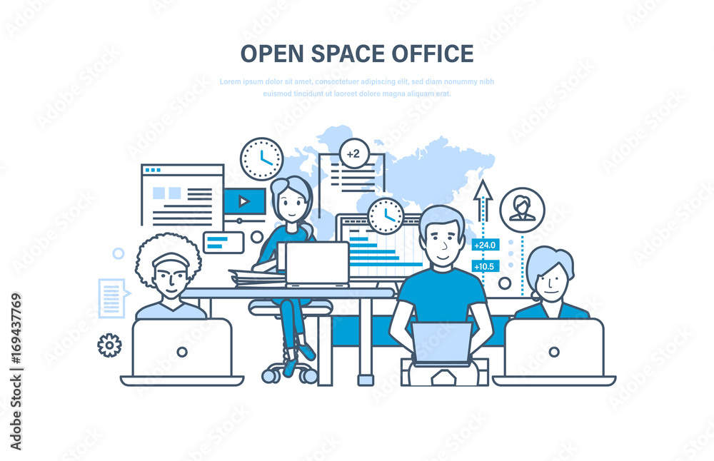 Open space office. Interior of the room. Collaboration, partnerships ...