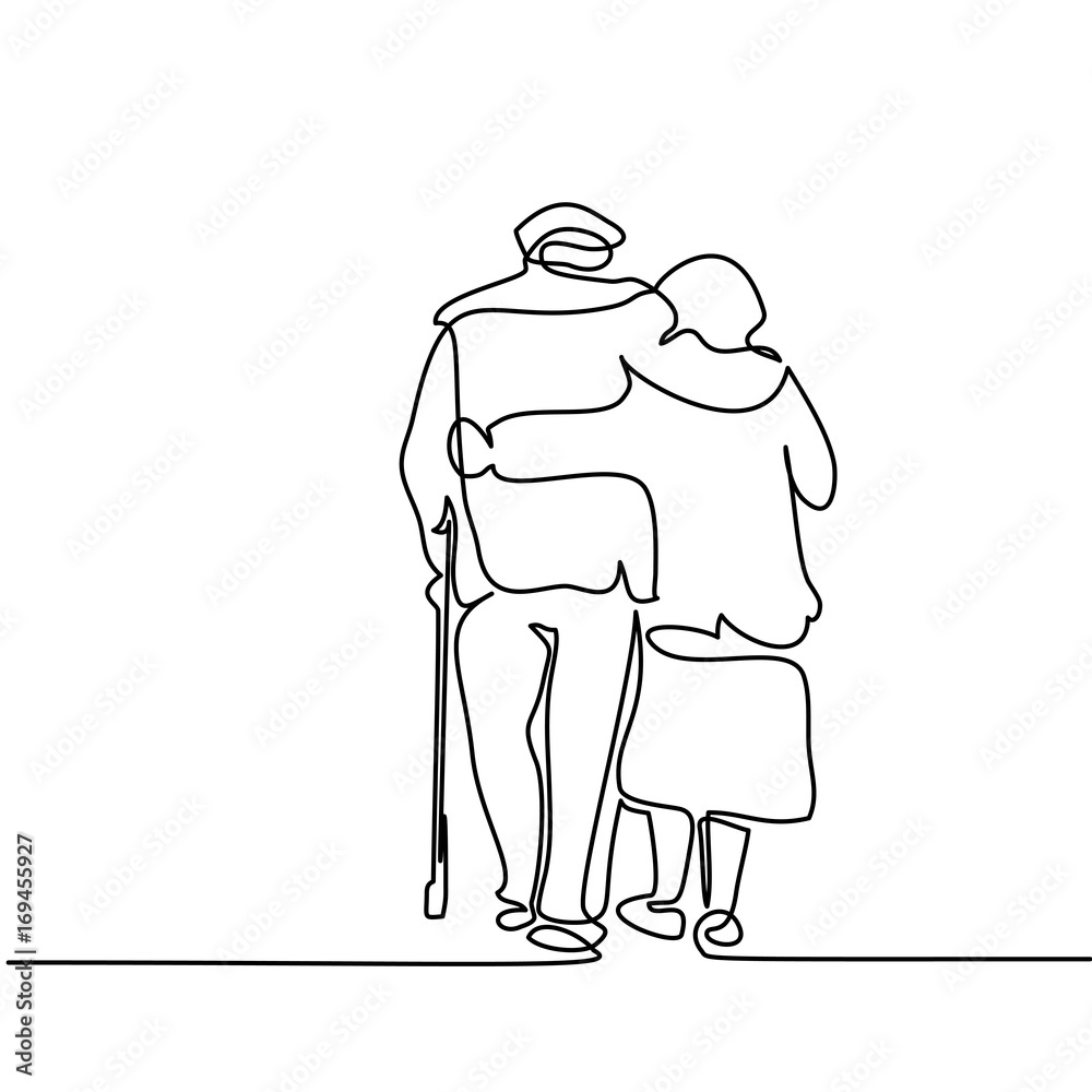 Continuous line drawing. Happy elderly couple hugging and walking ...