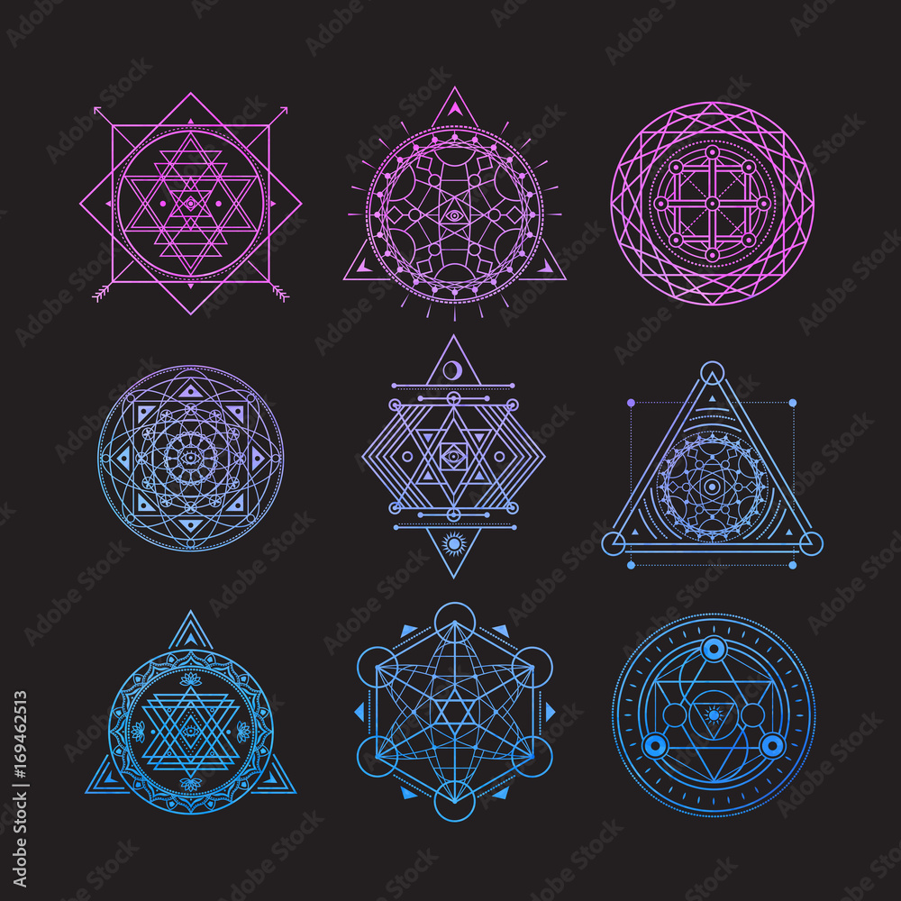 Set of bright vector sacred symbols on black background Stock Vector ...