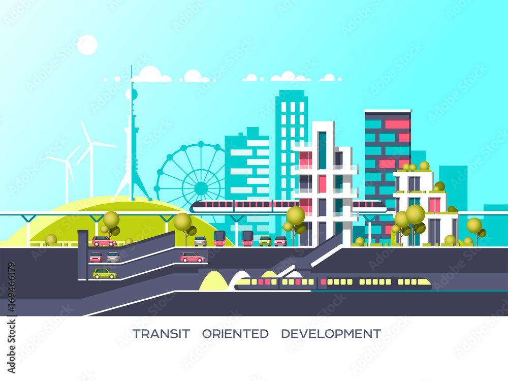 Flat illustration with city landscape. Transport mobility and smart ...