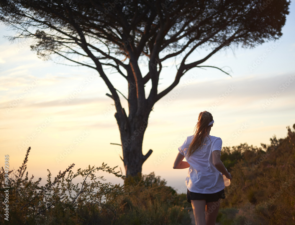 Healthy female with long hair trail running in a beautiful area Stock ...