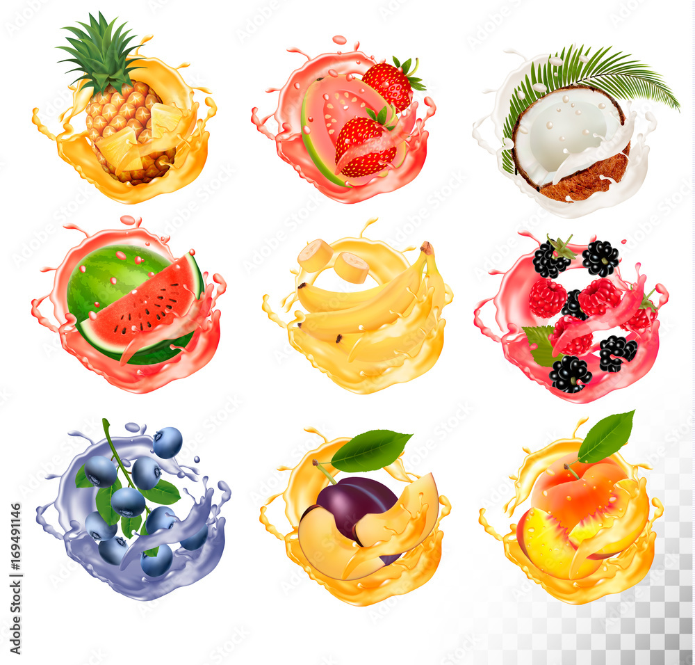 Set of fruit juice splash. Pineapple, strawberry, watermelon, mango ...