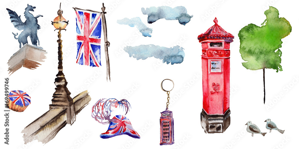 Watercolor London illustration. Great Britain hand drawn symbols: red ...