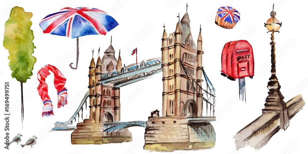 Watercolor London illustration. Great Britain hand drawn symbols: red ...