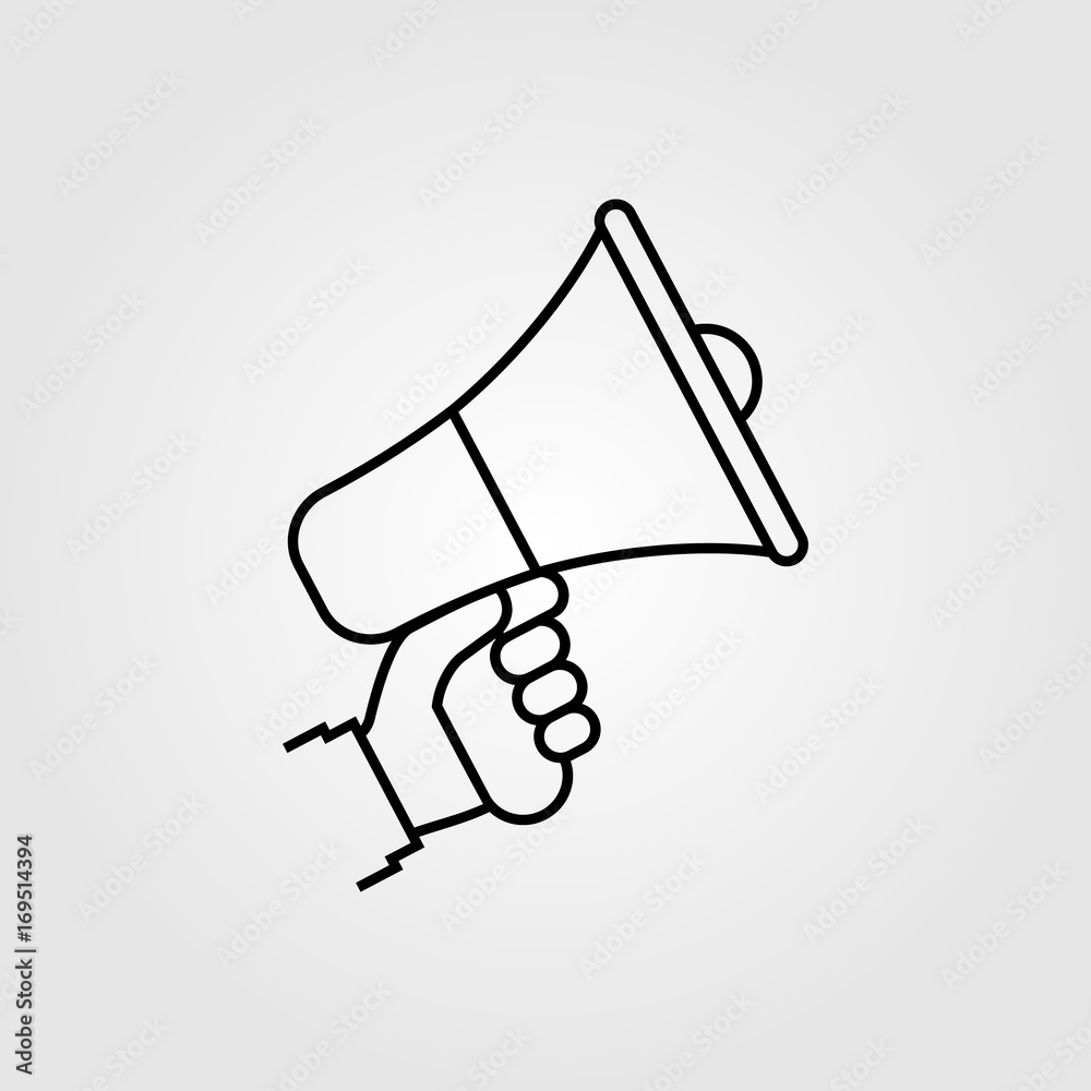 Hand holding megaphone. Isolated icon on white background. Modern ...