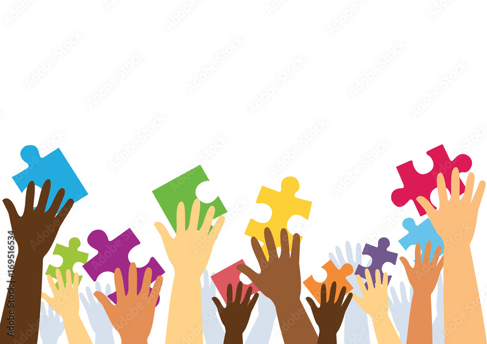 many hands holding colorful puzzle pieces vector illustration Stock ...