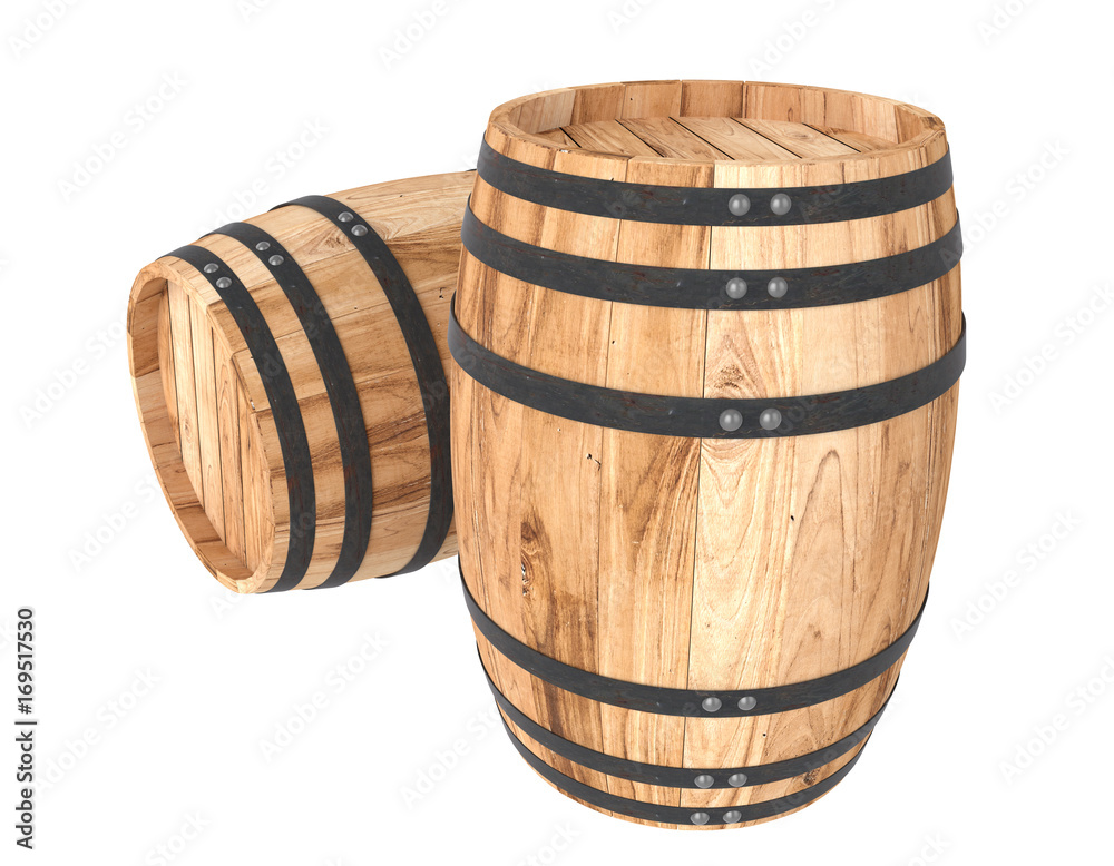 3D realistic render of two old light wood barrel. White background ...