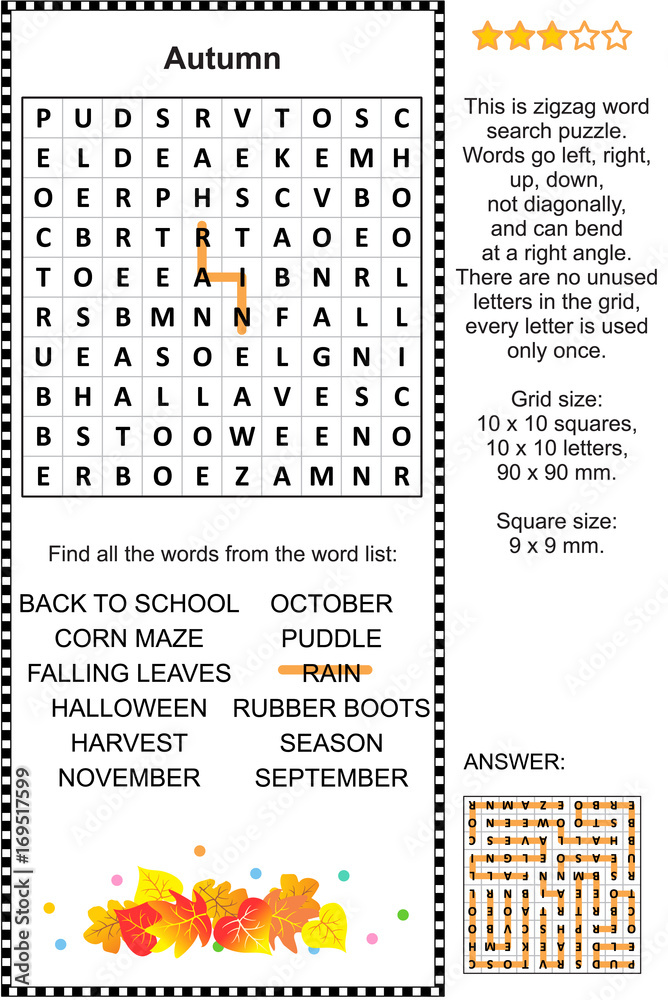 Autumn themed zigzag word search puzzle (suitable both for kids and ...