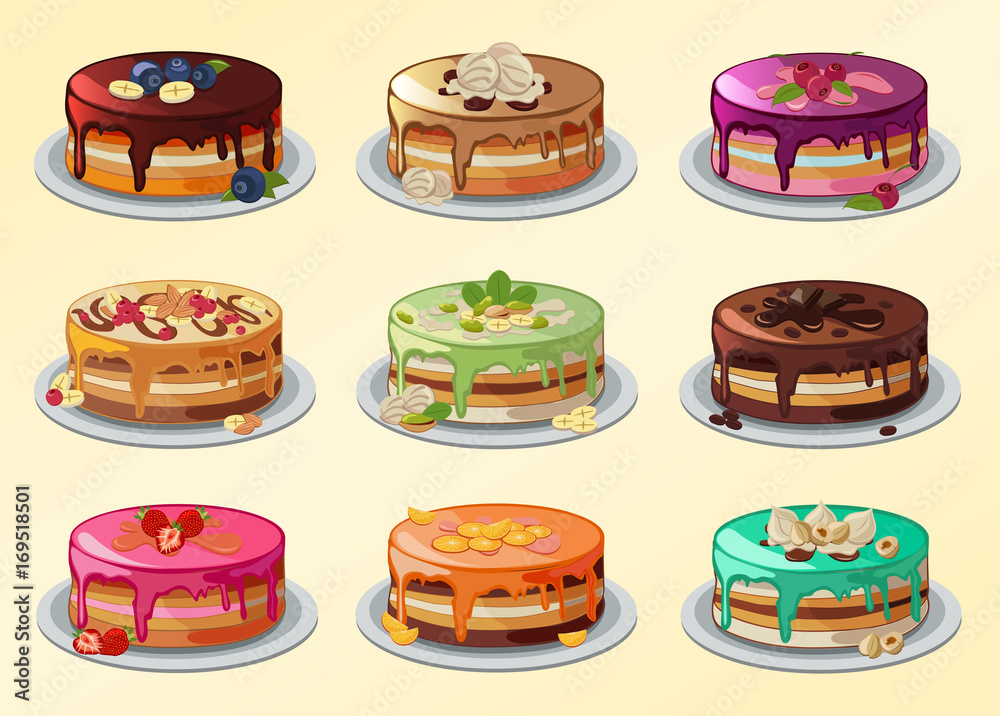 Big set of cakes in cartoon style. Stock Vector | Adobe Stock
