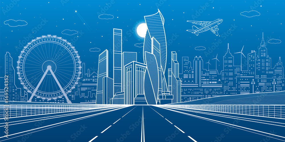 Wide highway. Urban infrastructure illustration, futuristic city on ...