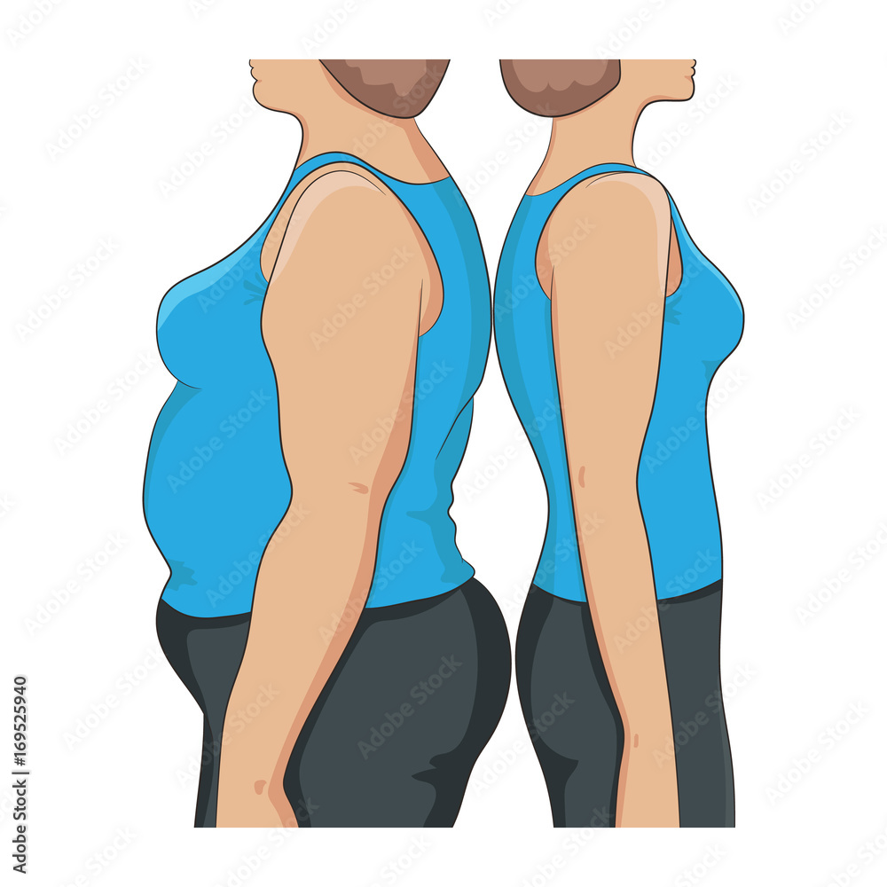 Thick and thin overweight problem concept. Two women standing back to ...
