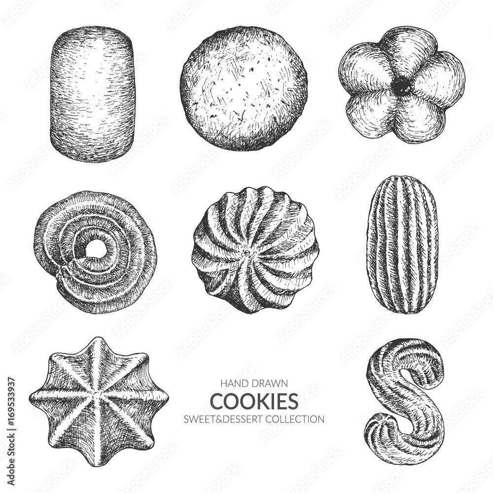 Set of cookie. Hand drawn top view collection with ink and pen. Vintage ...