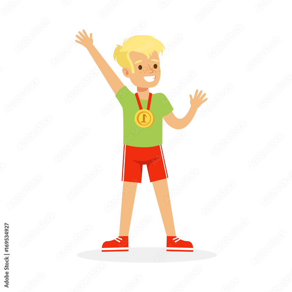 Young boy with a first place medal, kid celebrating his golden medal ...