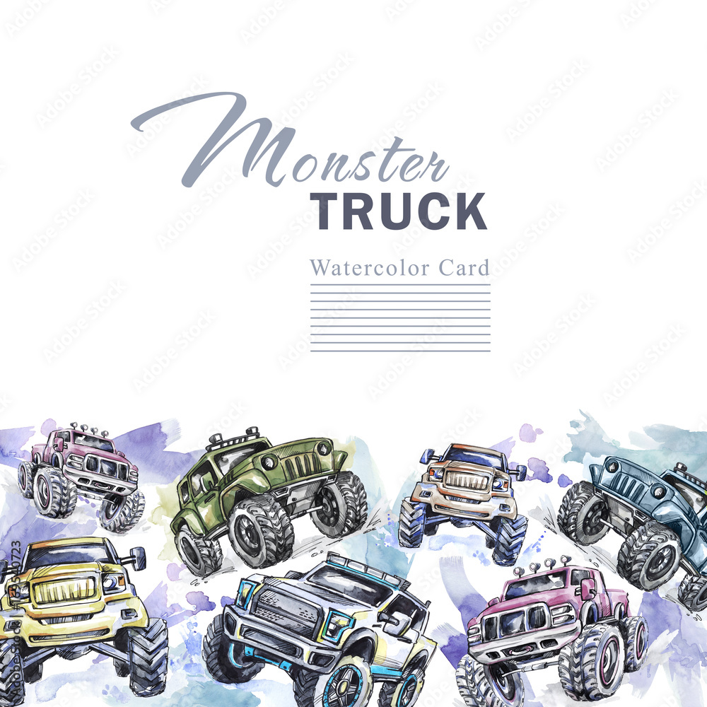 Watercolor cars horizontal border. Cartoon Monster Trucks frame ...