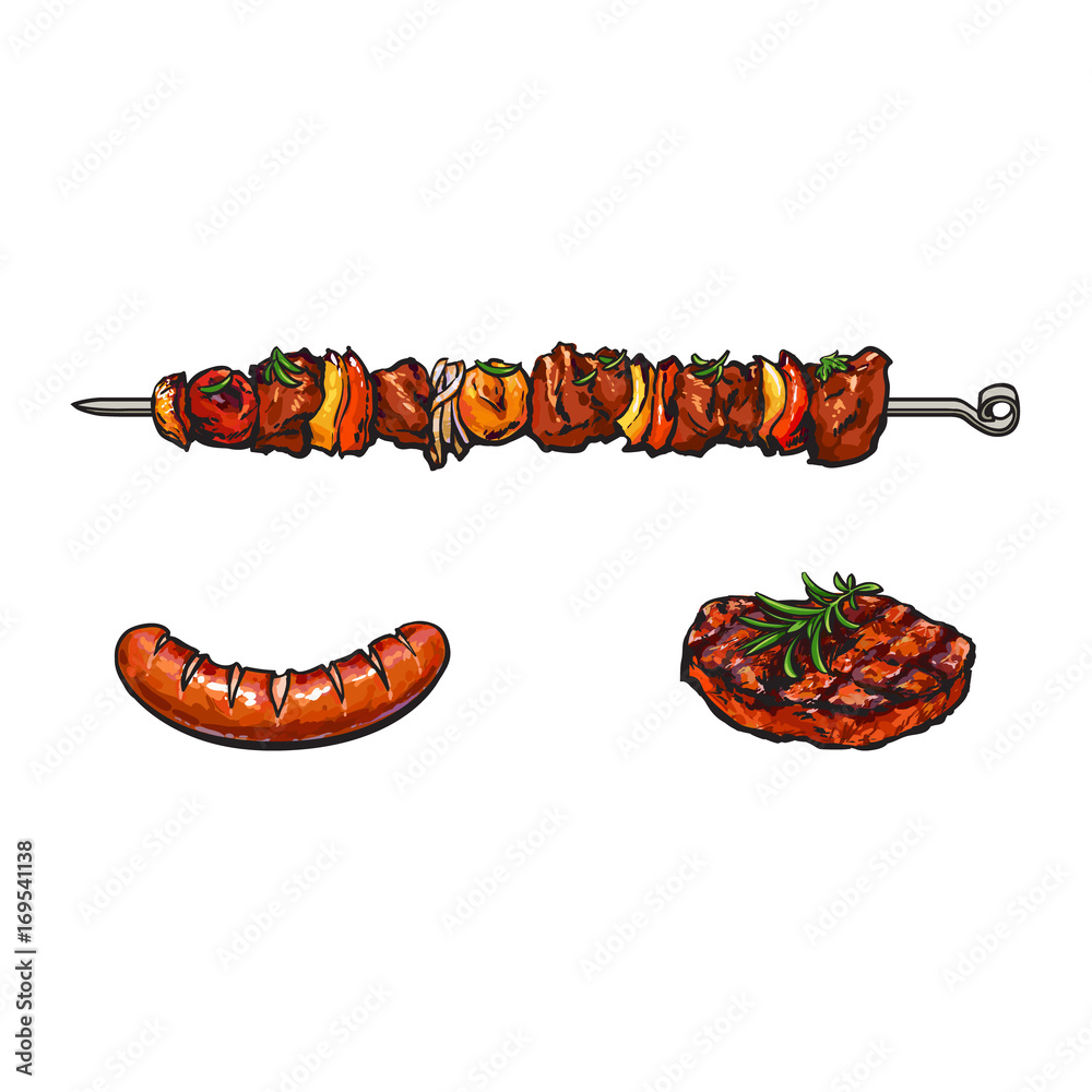 Grilled, barbequed meat on stick, steak and sausage, sketch style ...