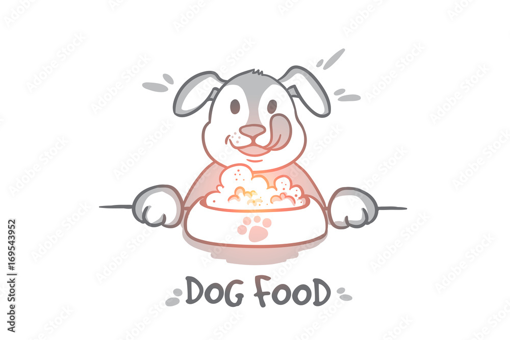 Dog food concept. Hand drawn hungry dog behind a big mound of food. Pet ...