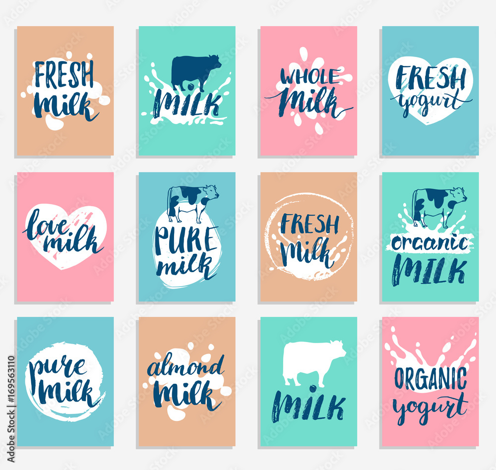 Vector hand drawn milk cards or labels. Signs set for dairy produce ...
