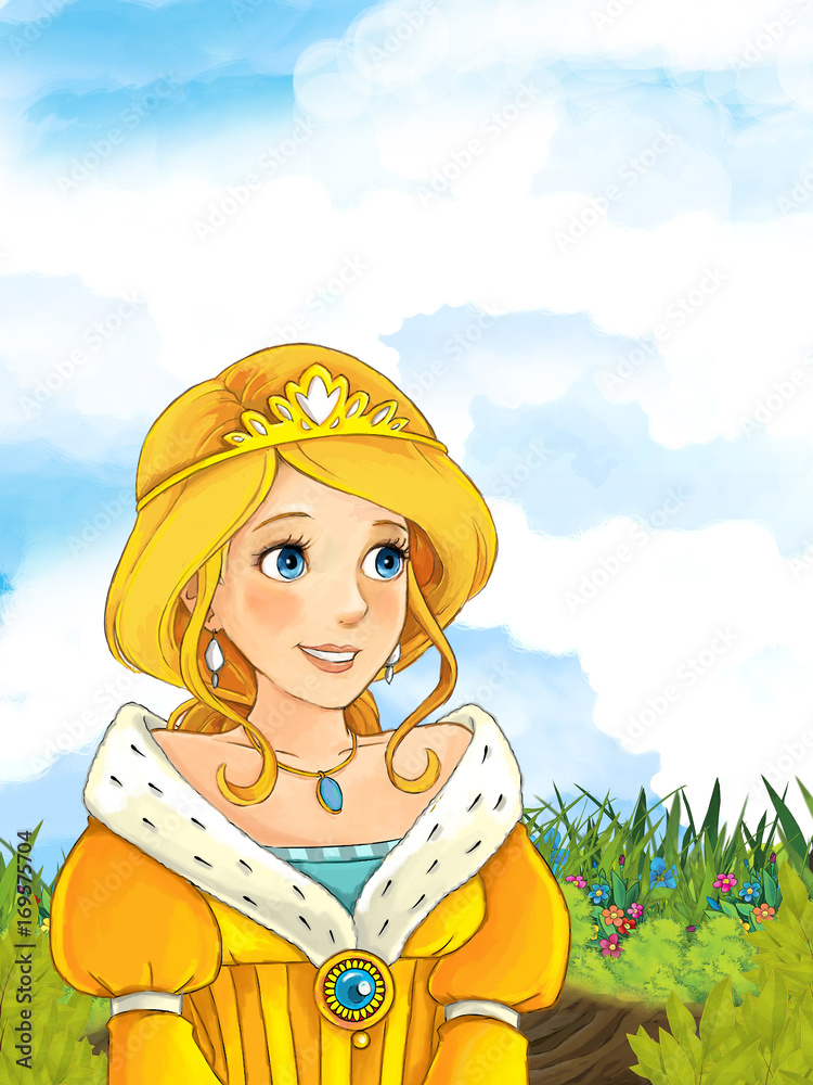 Cartoon fairy tale scene with a young little girl on the meadow smiling ...