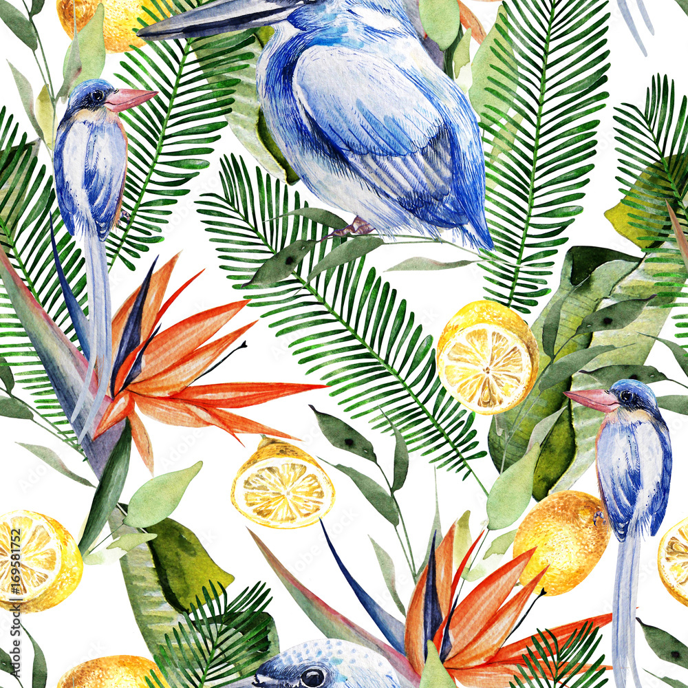 Beautiful watercolor seamless, tropical jungle floral pattern ...