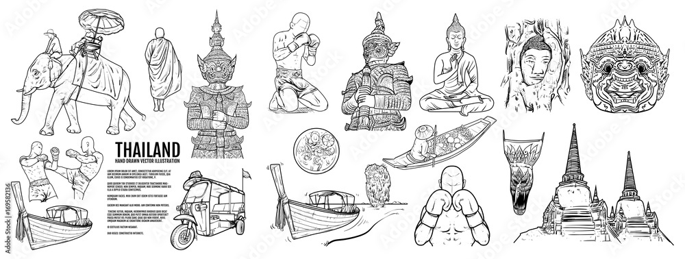 Thailand Travel Landmarks set, Hand draw Vector Illustration. Amazing ...