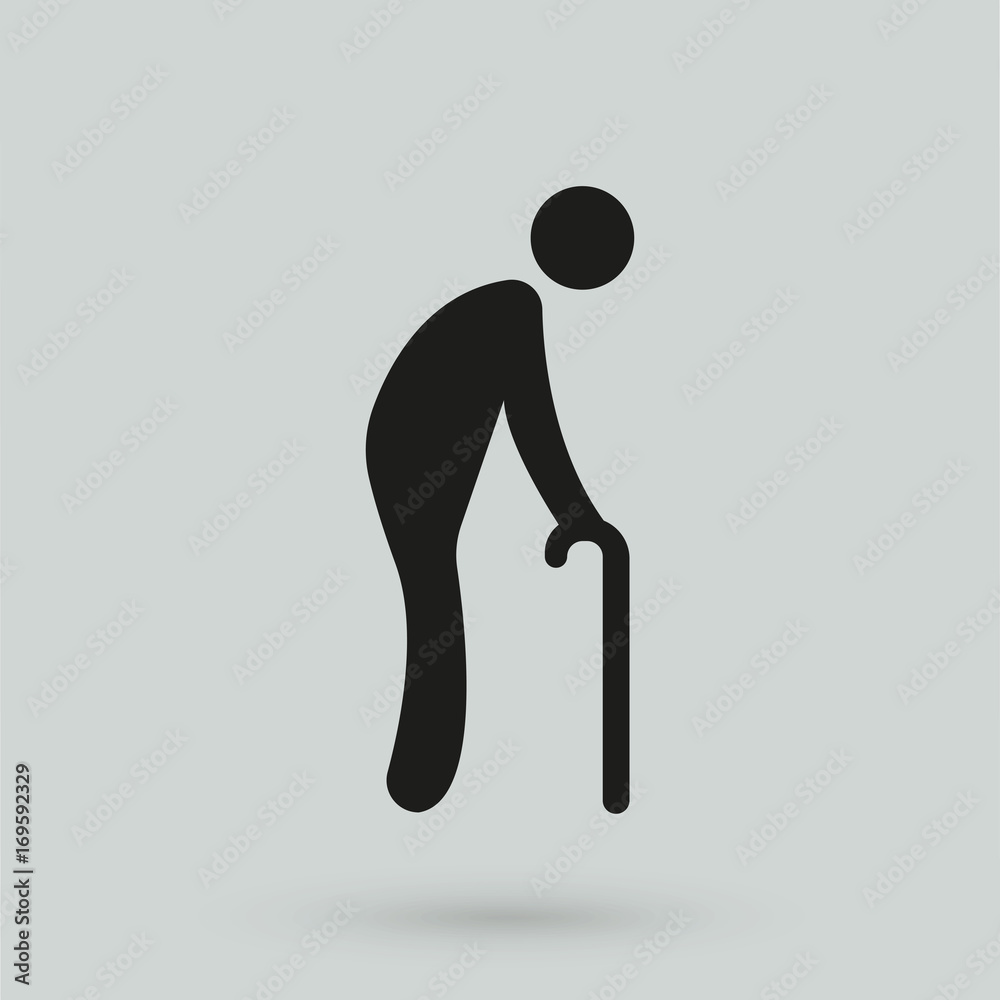 Weak hunched old man with a cane black silhouette flat vector icon ...