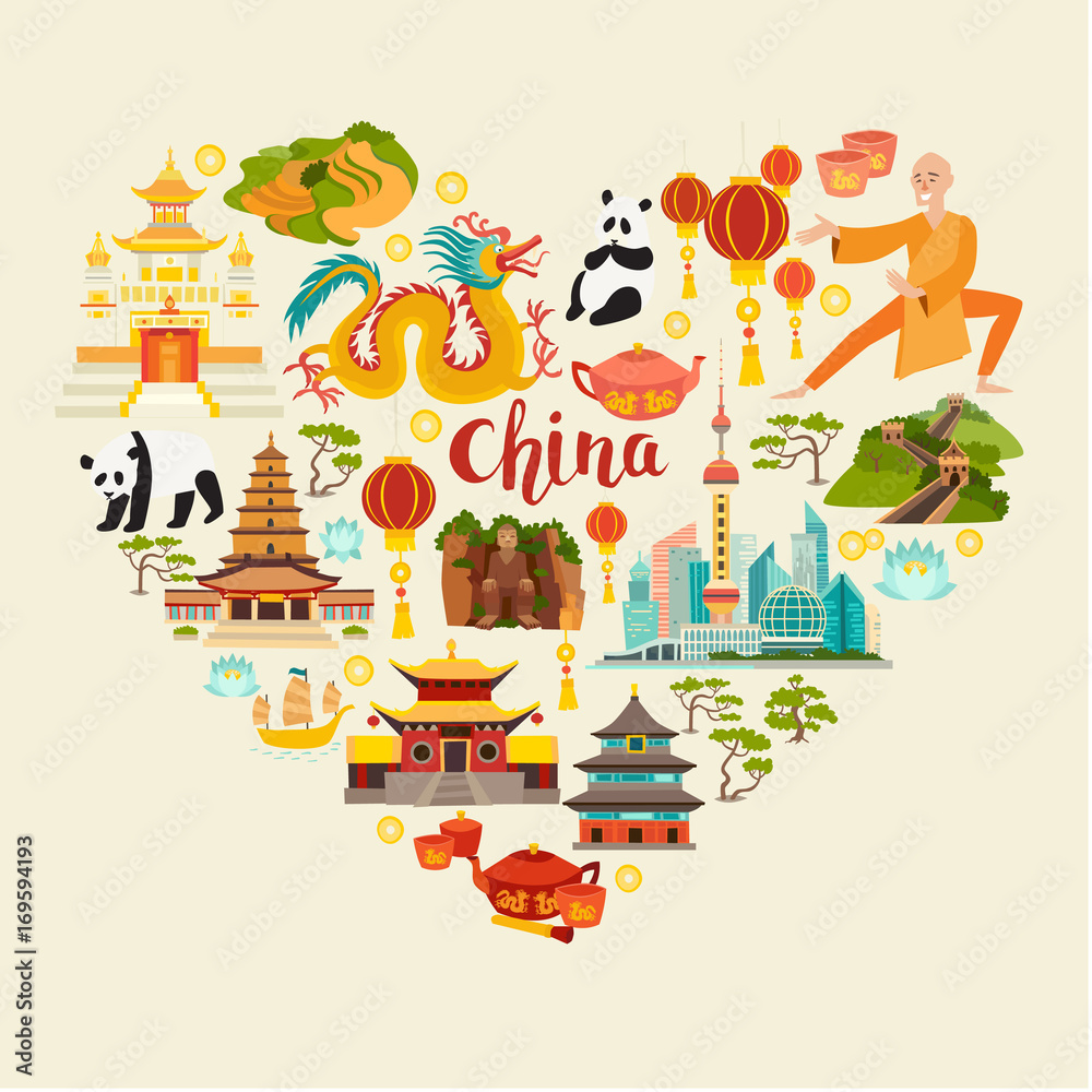 China landmarks vector icons set. Illustrated travel collection ...