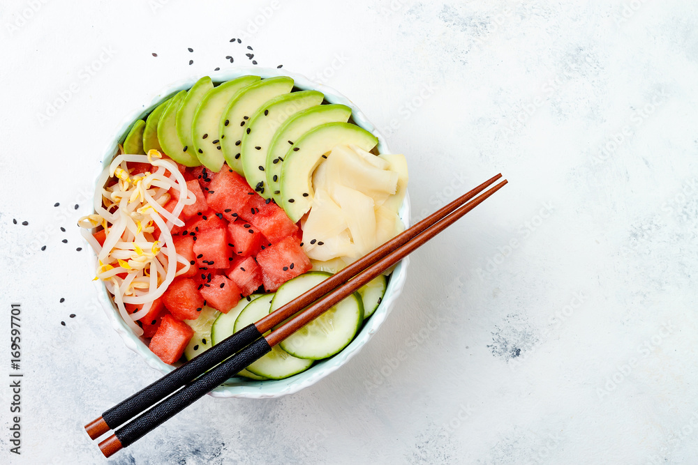Hawaiian watermelon poke bowl with avocado, cucumber, mung bean sprouts ...